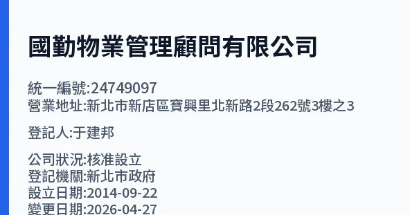 國勤物業管理顧問有限公司的照片-統編 24749097(新北市) 公司登記資料與營業項目詳細圖表
