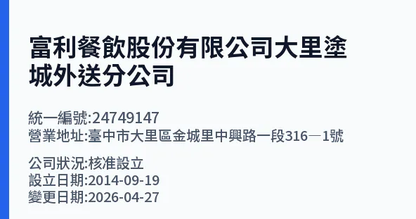 富利餐飲股份有限公司大里塗城外送分公司的照片-統編 24749147(臺中市) 公司登記資料與營業項目詳細圖表