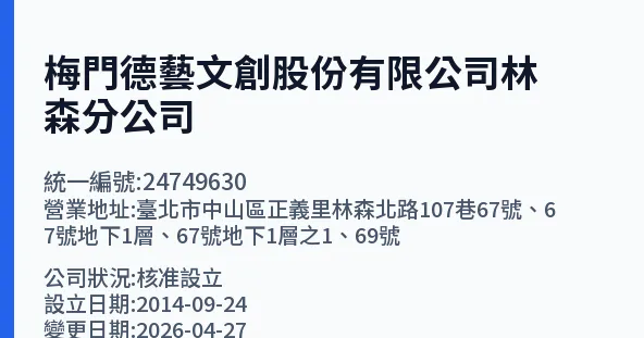 梅門德藝文創股份有限公司林森分公司的照片-統編 24749630(臺北市) 公司登記資料與營業項目詳細圖表