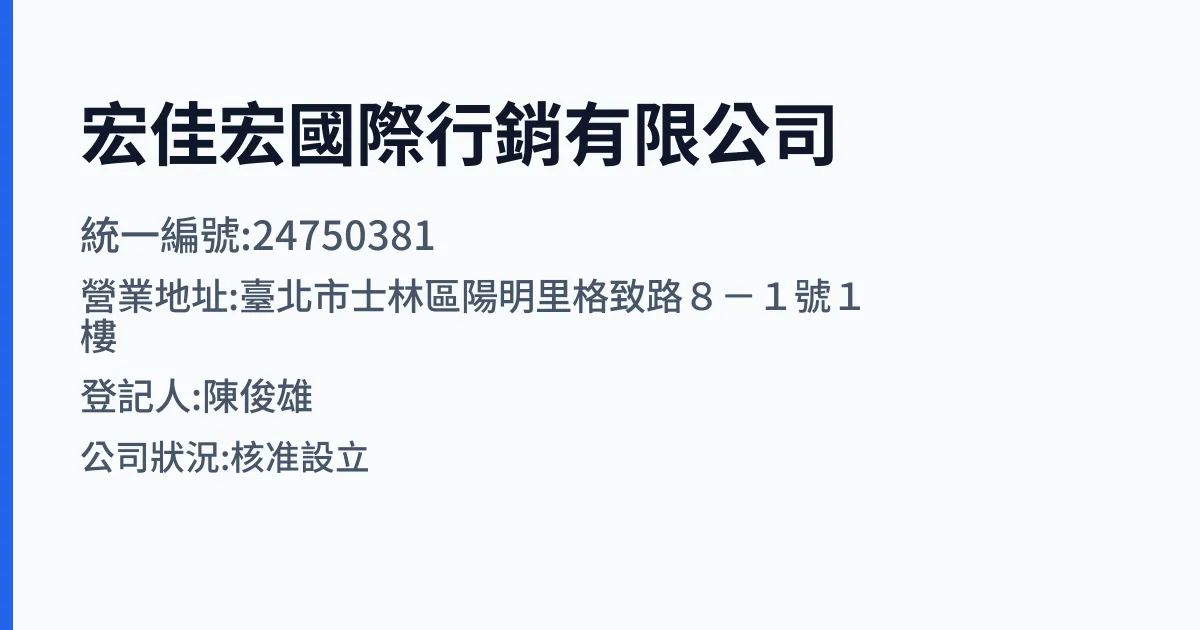 宏佳宏國際行銷有限公司 - 統編 24750381(臺北市) 公司登記資料與營業項目詳細圖表