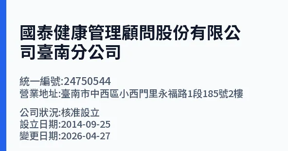 國泰健康管理顧問股份有限公司臺南分公司的照片-統編 24750544(臺南市) 公司登記資料與營業項目詳細圖表