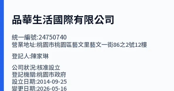 品華生活國際有限公司的照片-統編 24750740(桃園市) 公司登記資料與營業項目詳細圖表