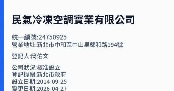民氣冷凍空調實業有限公司的照片-統編 24750925(新北市) 公司登記資料與營業項目詳細圖表