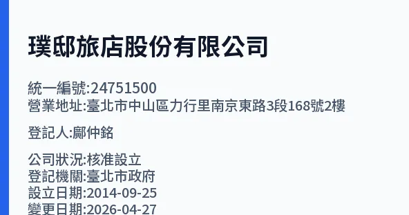 璞邸旅店股份有限公司的照片-統編 24751500(臺北市) 公司登記資料與營業項目詳細圖表