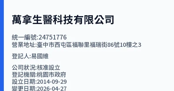萬拿生醫科技有限公司的照片-統編 24751776(臺中市) 公司登記資料與營業項目詳細圖表