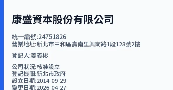 康盛資本股份有限公司的照片-統編 24751826(新北市) 公司登記資料與營業項目詳細圖表
