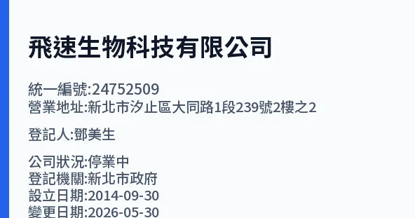 飛速生物科技有限公司的照片-統編 24752509(新北市) 公司登記資料與營業項目詳細圖表