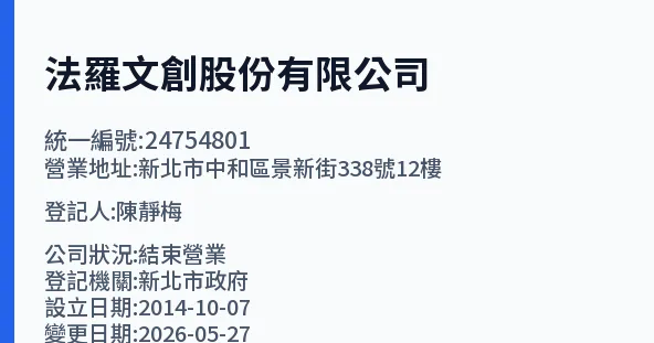 法羅文創股份有限公司的照片-統編 24754801(新北市) 公司登記資料與營業項目詳細圖表