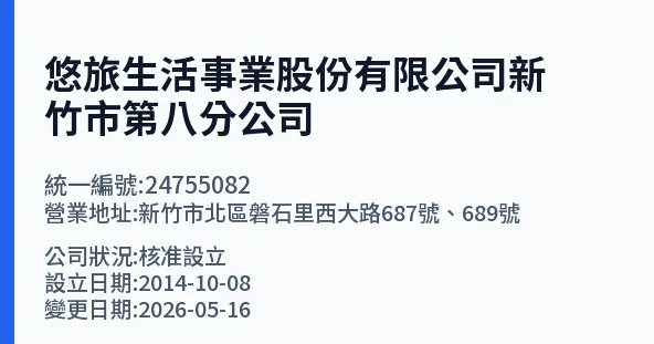悠旅生活事業股份有限公司新竹市第八分公司的照片-統編 24755082(新竹市) 公司登記資料與營業項目詳細圖表