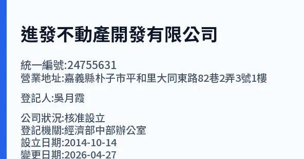 進發不動產開發有限公司的照片-統編 24755631(嘉義縣) 公司登記資料與營業項目詳細圖表