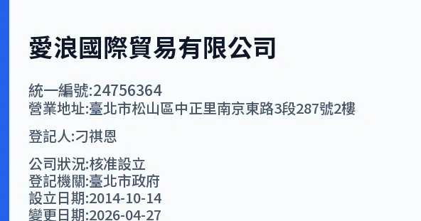 愛浪國際貿易有限公司的照片-統編 24756364(臺北市) 公司登記資料與營業項目詳細圖表