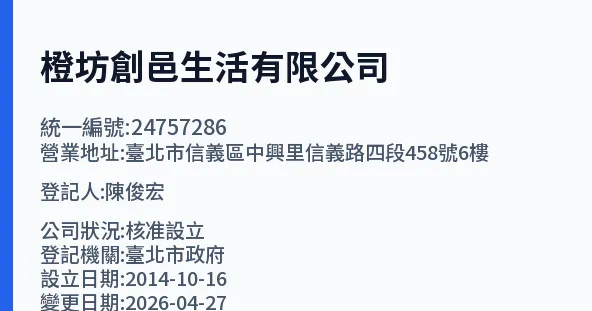 橙坊創邑生活有限公司的照片-統編 24757286(臺北市) 公司登記資料與營業項目詳細圖表