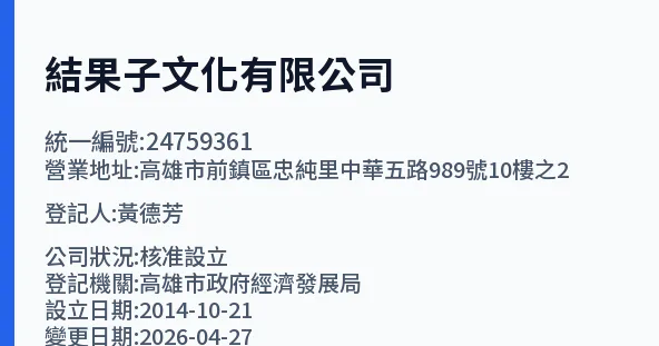 結果子文化有限公司的照片-統編 24759361(高雄市) 公司登記資料與營業項目詳細圖表