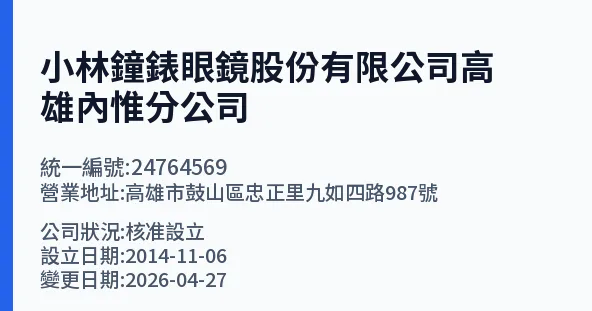小林鐘錶眼鏡股份有限公司高雄內惟分公司的照片-統編 24764569(高雄市) 公司登記資料與營業項目詳細圖表