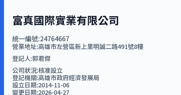 富真國際實業有限公司的照片-統編 24764667(高雄市) 公司登記資料與營業項目詳細圖表