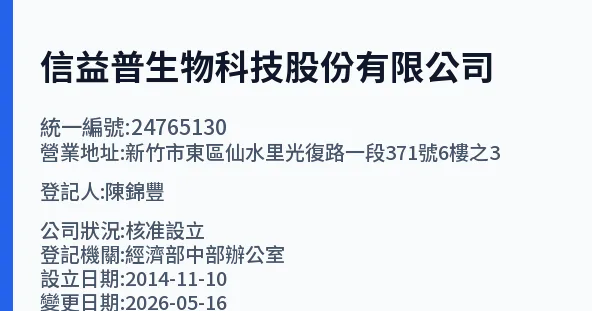信益普生物科技股份有限公司的照片-統編 24765130(新竹市) 公司登記資料與營業項目詳細圖表