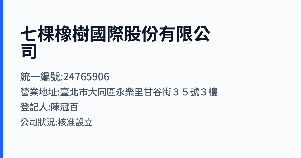 七棵橡樹國際股份有限公司 - 統編 24765906(臺北市) 公司登記資料與營業項目詳細圖表