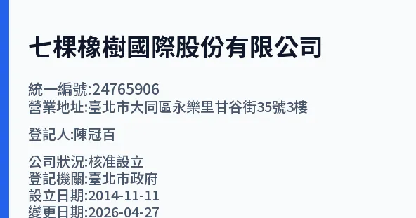 七棵橡樹國際股份有限公司的照片-統編 24765906(臺北市) 公司登記資料與營業項目詳細圖表