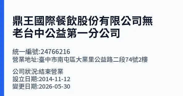 鼎王國際餐飲股份有限公司無老台中公益第一分公司的照片-統編 24766216(臺中市) 公司登記資料與營業項目詳細圖表