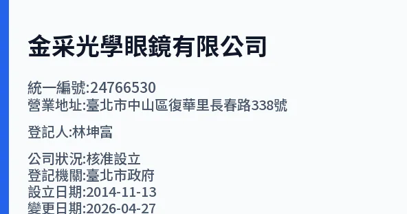金采光學眼鏡有限公司的照片-統編 24766530(臺北市) 公司登記資料與營業項目詳細圖表