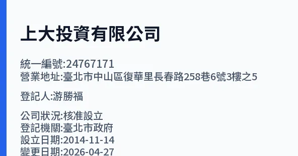上大投資有限公司的照片-統編 24767171(臺北市) 公司登記資料與營業項目詳細圖表
