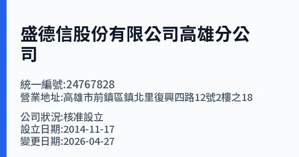 盛德信股份有限公司高雄分公司的照片-統編 24767828(高雄市) 公司登記資料與營業項目詳細圖表