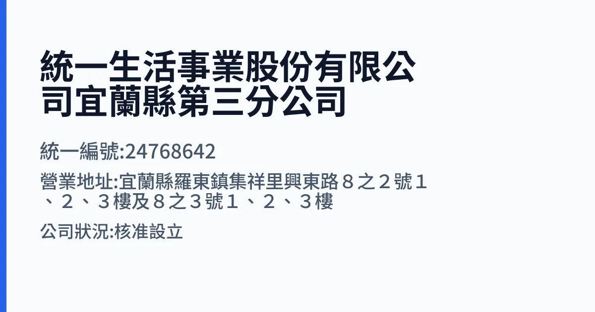 統一生活事業股份有限公司宜蘭縣第三分公司 - 統編 24768642(宜蘭縣) 公司登記資料與營業項目詳細圖表