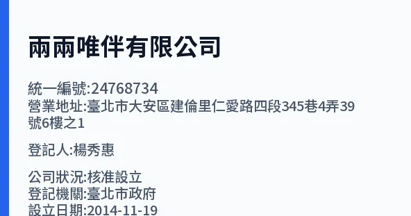 兩兩唯伴有限公司的照片-統編 24768734(臺北市) 公司登記資料與營業項目詳細圖表