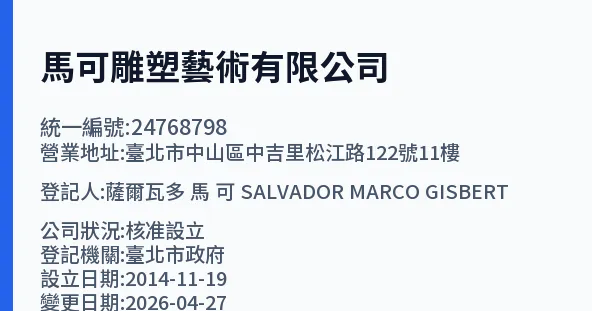 馬可雕塑藝術有限公司的照片-統編 24768798(臺北市) 公司登記資料與營業項目詳細圖表