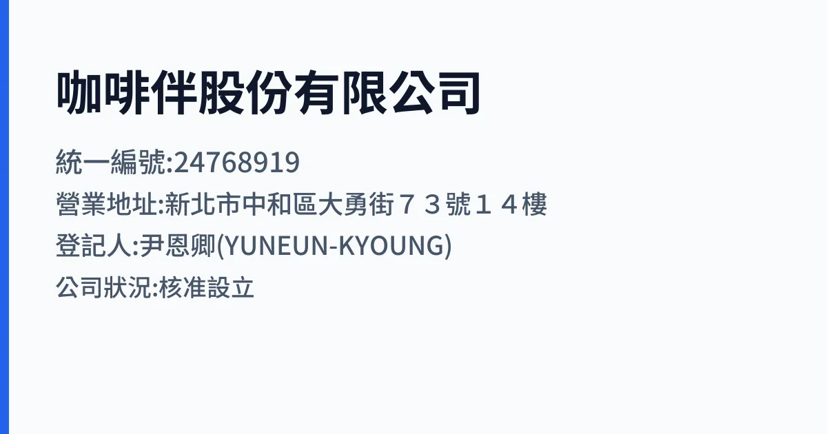 咖啡伴股份有限公司 - 統編 24768919(新北市) 公司登記資料與營業項目詳細圖表