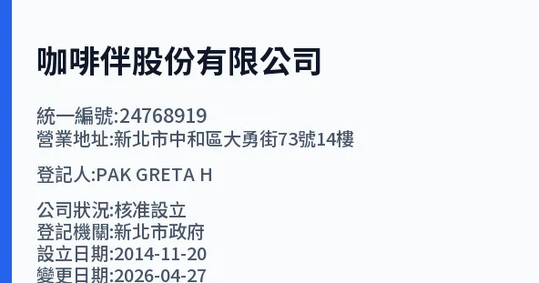咖啡伴股份有限公司的照片-統編 24768919(新北市) 公司登記資料與營業項目詳細圖表