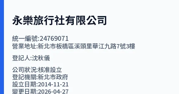 永樂旅行社有限公司的照片-統編 24769071(新北市) 公司登記資料與營業項目詳細圖表
