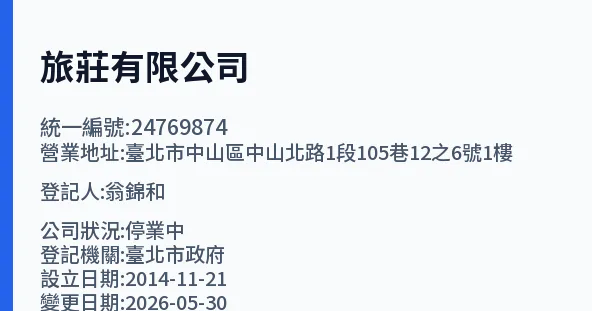 旅莊有限公司的照片-統編 24769874(臺北市) 公司登記資料與營業項目詳細圖表