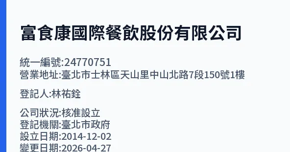 富食康國際餐飲股份有限公司的照片-統編 24770751(臺北市) 公司登記資料與營業項目詳細圖表