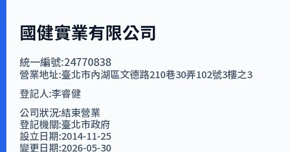 國健實業有限公司的照片-統編 24770838(臺北市) 公司登記資料與營業項目詳細圖表