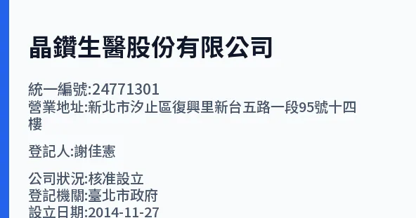 晶鑽生醫股份有限公司的照片-統編 24771301(新北市) 公司登記資料與營業項目詳細圖表