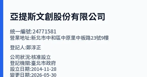 亞提斯文創股份有限公司的照片-統編 24771581(新北市) 公司登記資料與營業項目詳細圖表