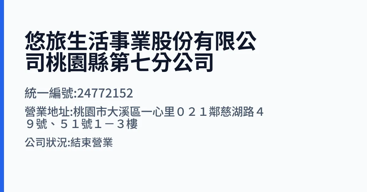 悠旅生活事業股份有限公司桃園縣第七分公司 - 統編 24772152(桃園市) 公司登記資料與營業項目詳細圖表