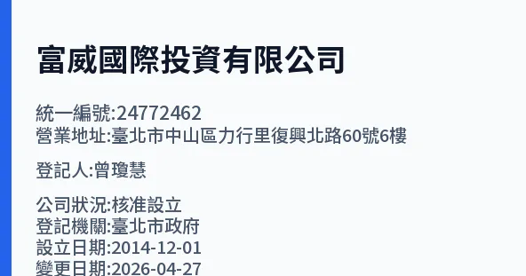 富威國際投資有限公司的照片-統編 24772462(臺北市) 公司登記資料與營業項目詳細圖表