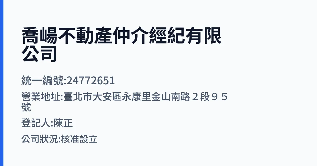喬崵不動產仲介經紀有限公司 - 統編 24772651(臺北市) 公司登記資料與營業項目詳細圖表