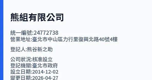 熊組有限公司的照片-統編 24772738(臺北市) 公司登記資料與營業項目詳細圖表