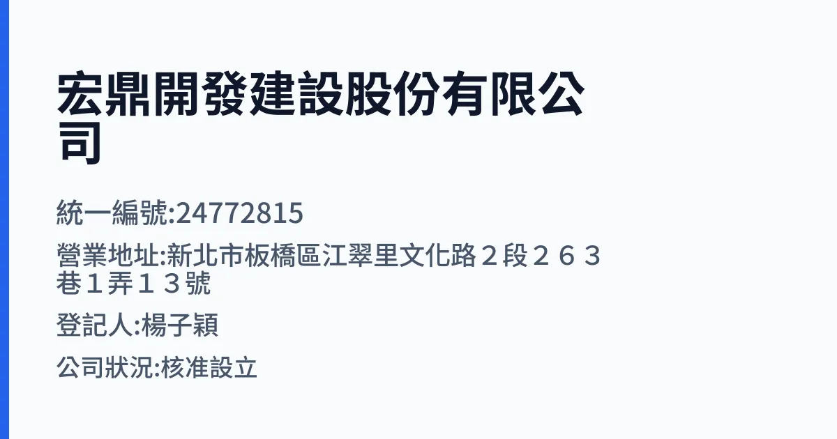 宏鼎開發建設股份有限公司 - 統編 24772815(新北市) 公司登記資料與營業項目詳細圖表