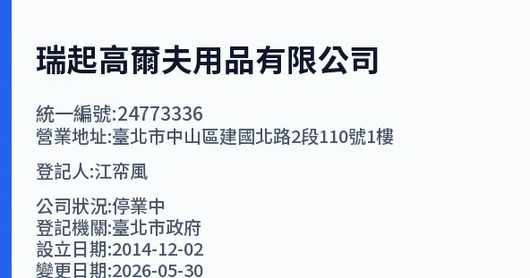 瑞起高爾夫用品有限公司的照片-統編 24773336(臺北市) 公司登記資料與營業項目詳細圖表