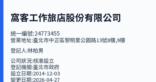 窩客工作旅店股份有限公司的照片-統編 24773455(臺北市) 公司登記資料與營業項目詳細圖表