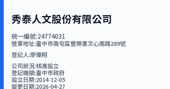 秀泰人文股份有限公司的照片-統編 24774031(臺中市) 公司登記資料與營業項目詳細圖表