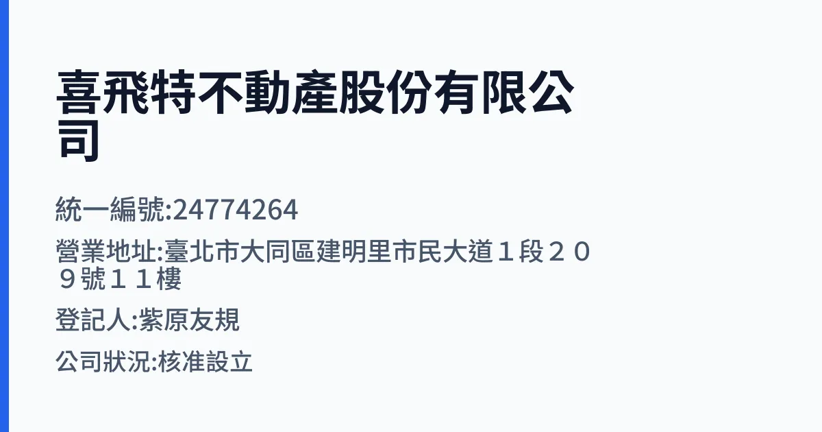 喜飛特不動產股份有限公司 - 統編 24774264(臺北市) 公司登記資料與營業項目詳細圖表