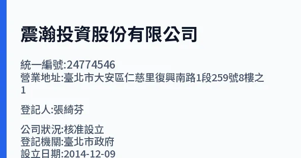 震瀚投資股份有限公司的照片-統編 24774546(臺北市) 公司登記資料與營業項目詳細圖表