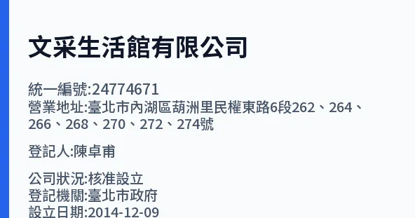 文采生活館有限公司的照片-統編 24774671(臺北市) 公司登記資料與營業項目詳細圖表