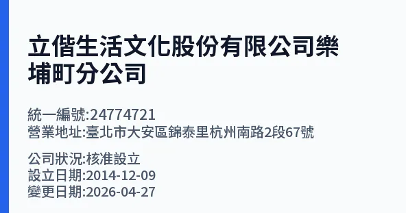 立偕生活文化股份有限公司樂埔町分公司的照片-統編 24774721(臺北市) 公司登記資料與營業項目詳細圖表