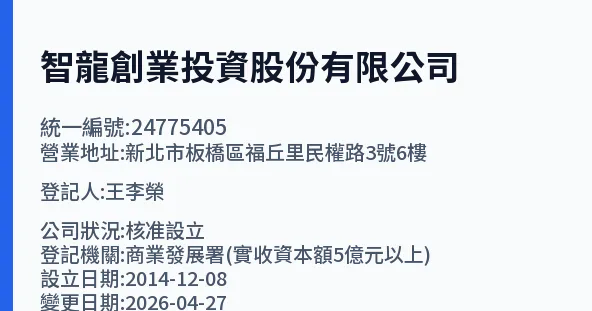 智龍創業投資股份有限公司的照片-統編 24775405(新北市) 公司登記資料與營業項目詳細圖表